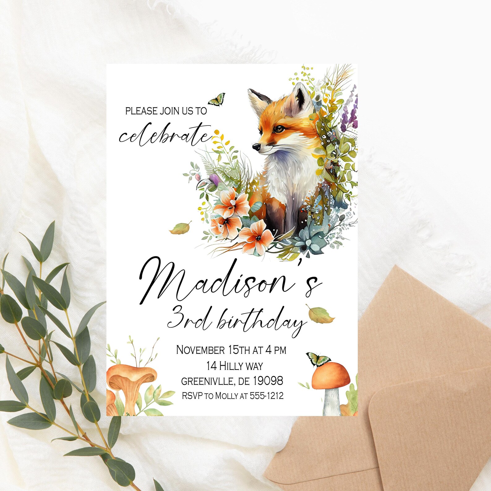 Fox Birthday Invitation PRINTABLE - Woodland Fox Birthday Invitation ...