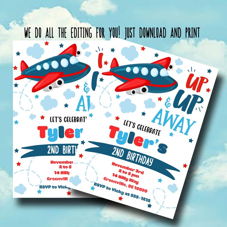 Blue Airplane up up and Away Birthday Party Invitation - Etsy