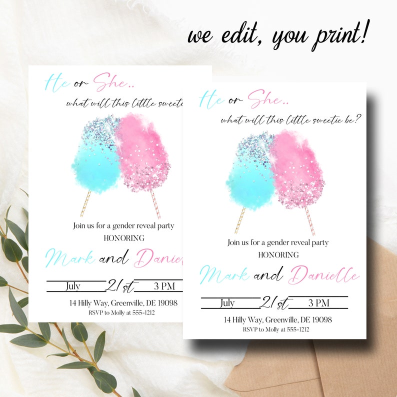Cotton Candy Gender Reveal Invitation PRINTABLE - Candy Gender Reveal ...