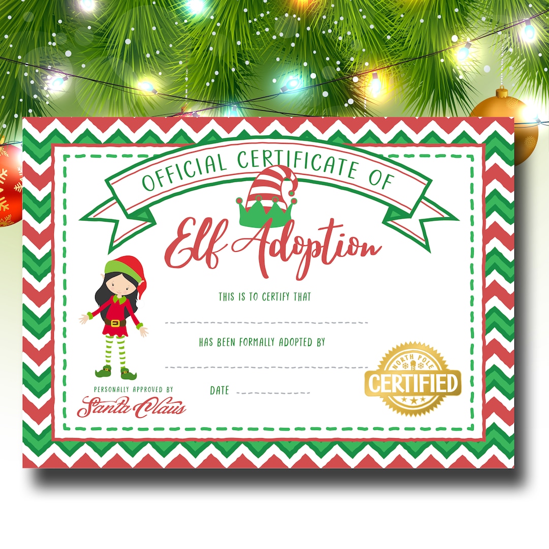 Girl Elf Adoption Certificate INSTANT DOWNLOAD Adopt an Elf Christmas ...