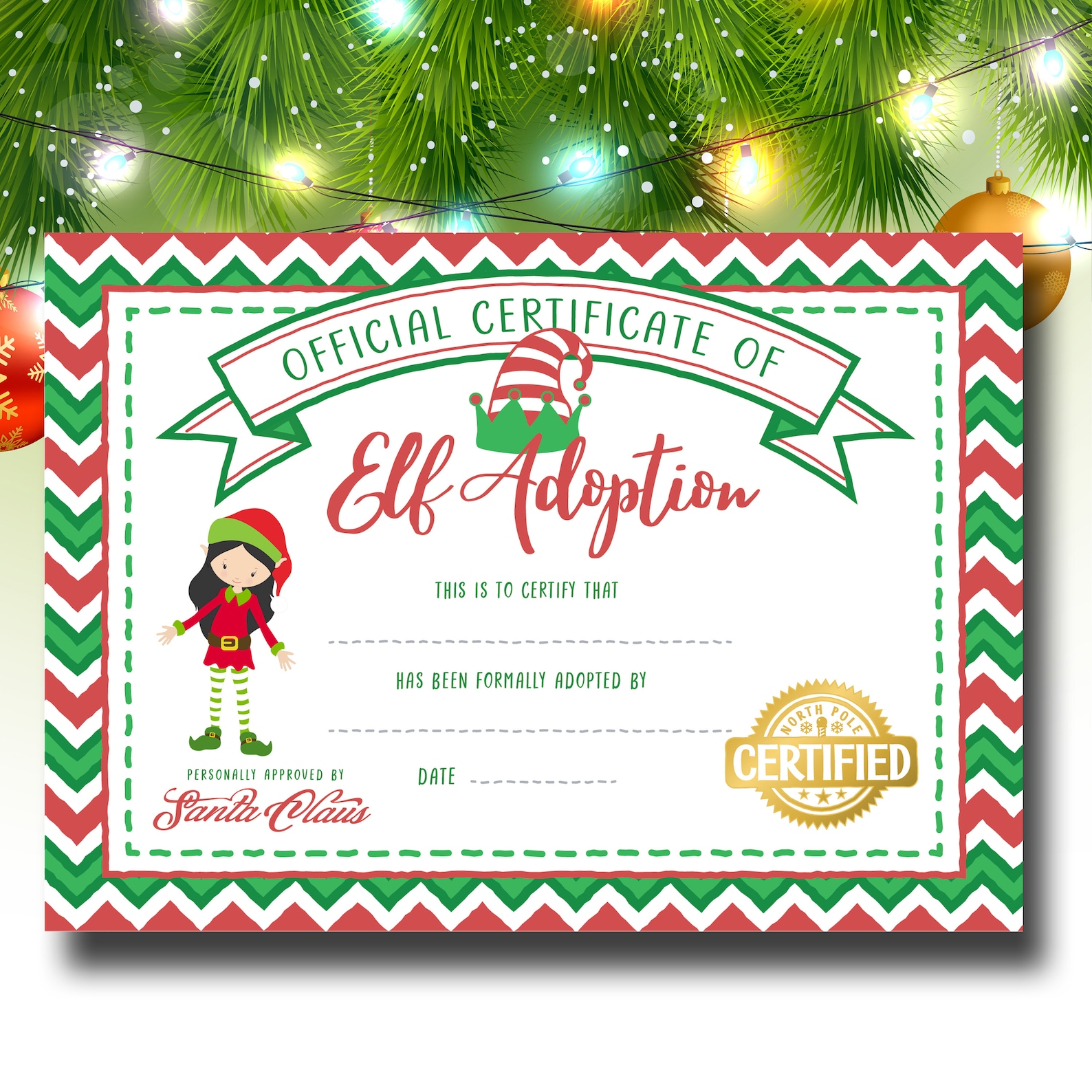 Girl Elf Adoption Certificate INSTANT DOWNLOAD Adopt an Elf - Etsy
