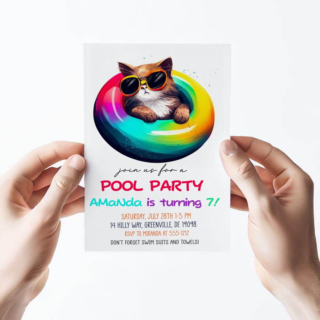 Cat Pool Birthday Party Invitation PRINTABLE - Summer Birthday Party ...