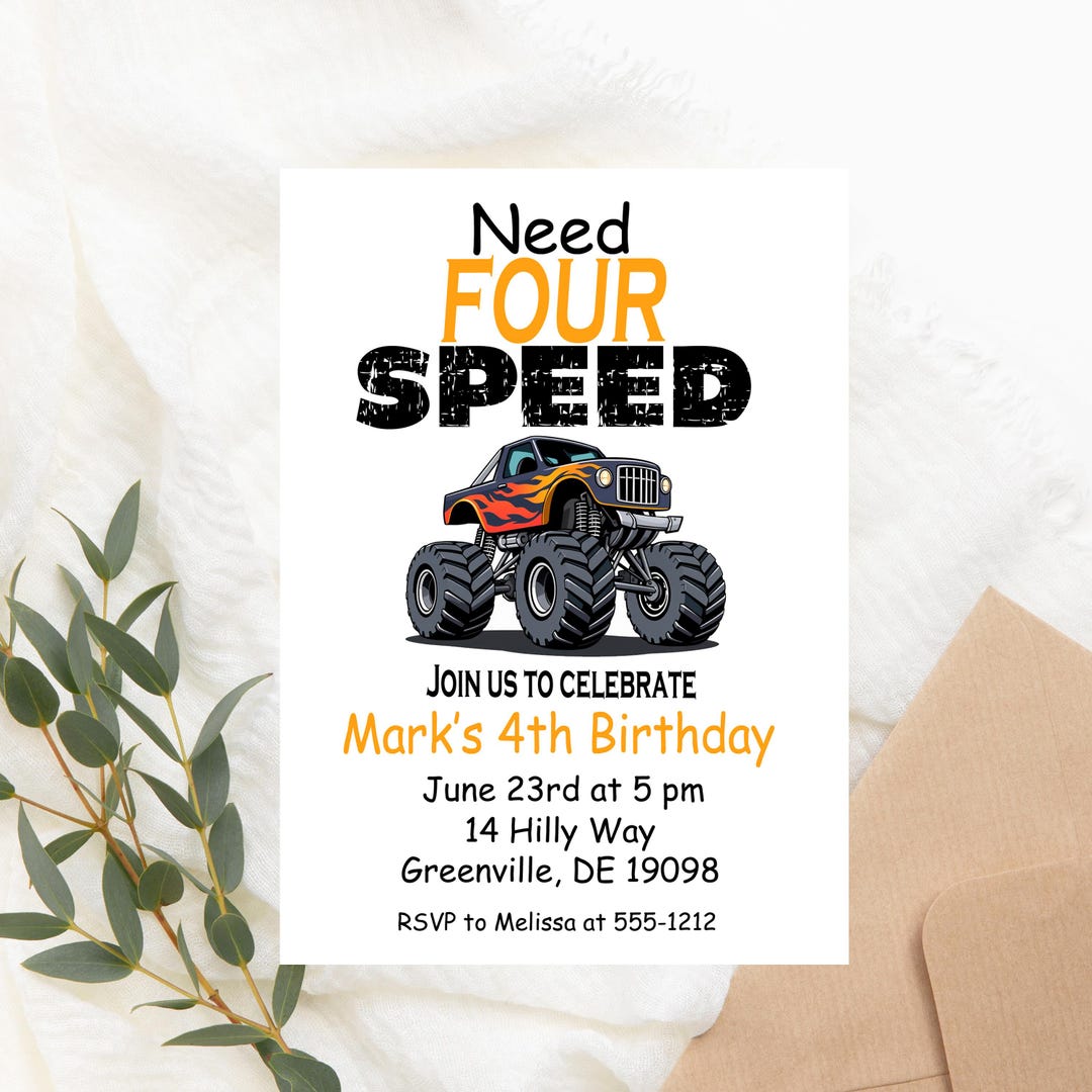 Monster Truck 4th Birthday Invitation PRINTABLE Need Four Speed ...