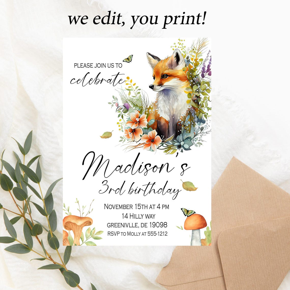Fox Birthday Invitation PRINTABLE - Woodland Fox Birthday Invitation ...