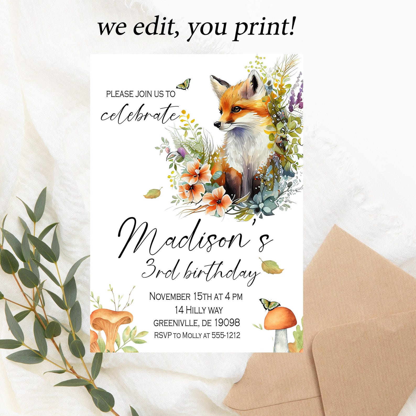 Fox Birthday Invitation PRINTABLE - Woodland Fox Birthday Invitation ...