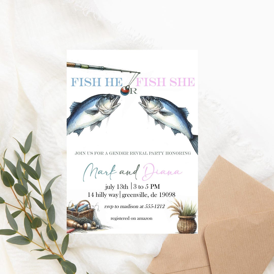Fishing Gender Reveal Invitation PRINTABLE - Fish-he or Fish-she Invite ...
