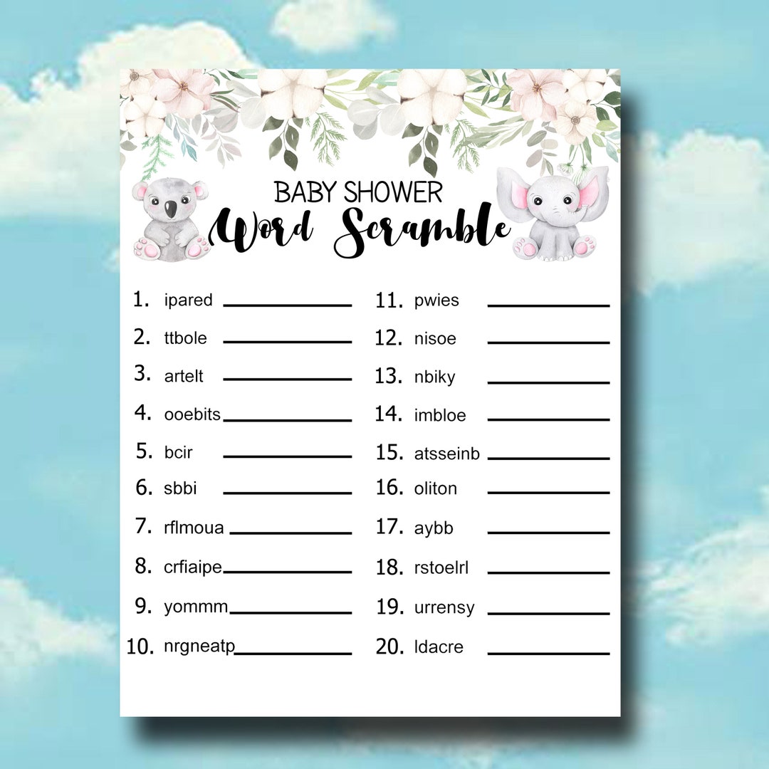 Cute Baby Animals Word Scramble PRINTABLE Baby Shower Game Gender ...