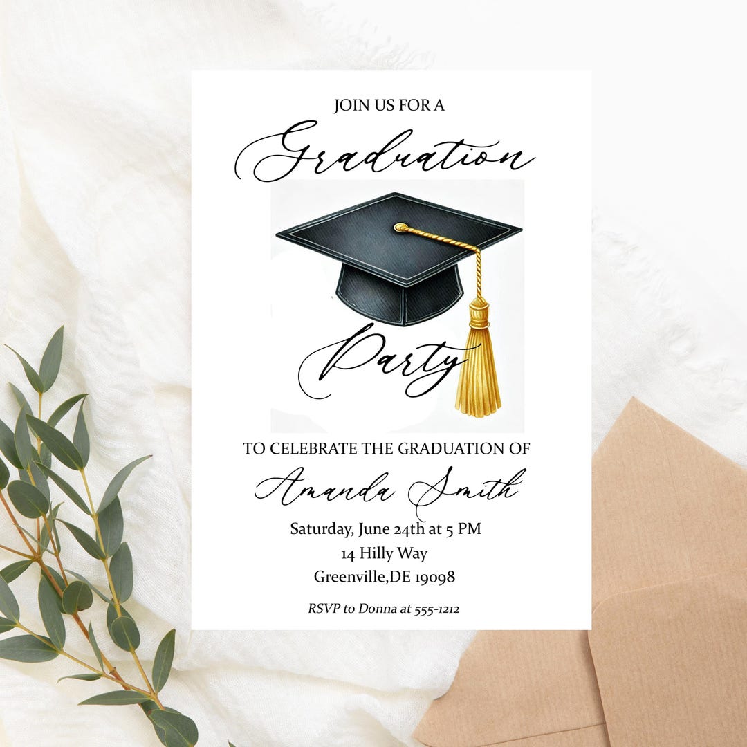 Simple Graduation Invitation - Black Cap Graduation Party Invite ...
