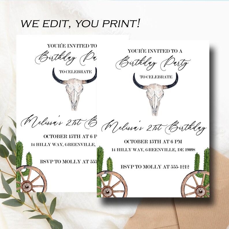 Country Western Birthday Invitation PRINTABLE Bull Skull - Etsy
