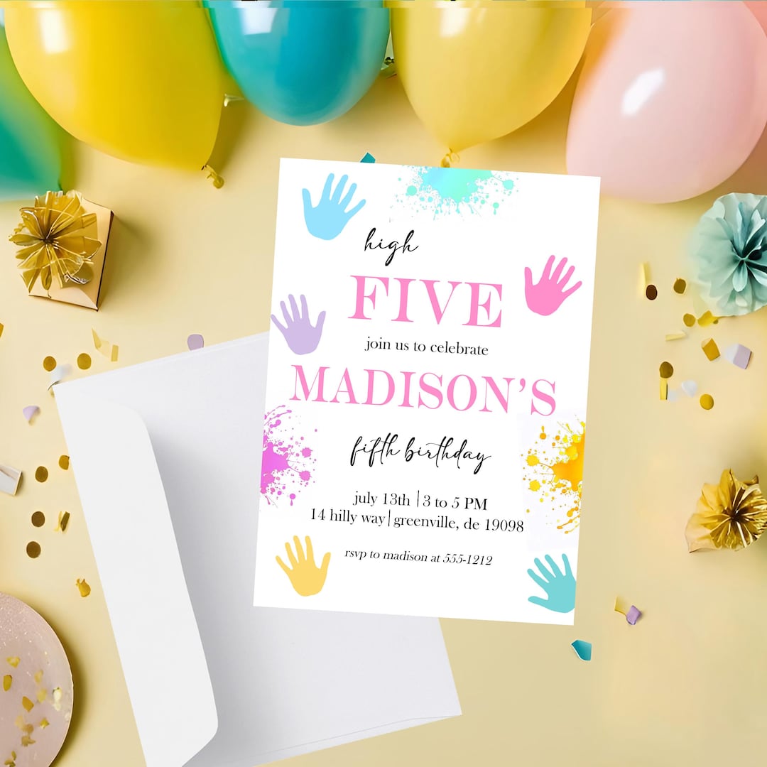 Editable High Five Printable 5th Birthday Invitation – Pastel Hi Five ...