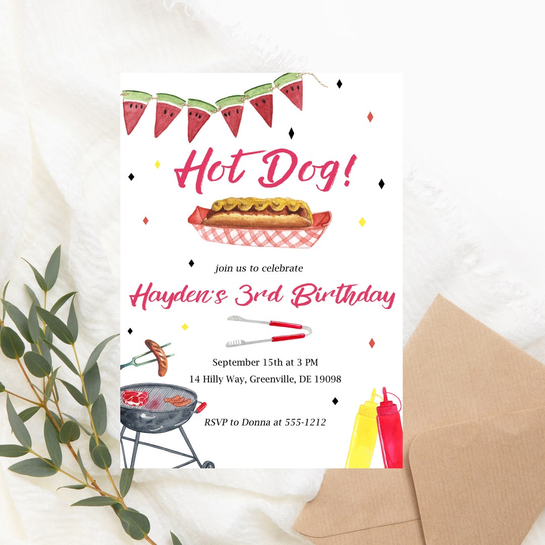 Hot Dog Party Invitation PRINTABLE , Hot Dog Birthday Invite, BBQ ...