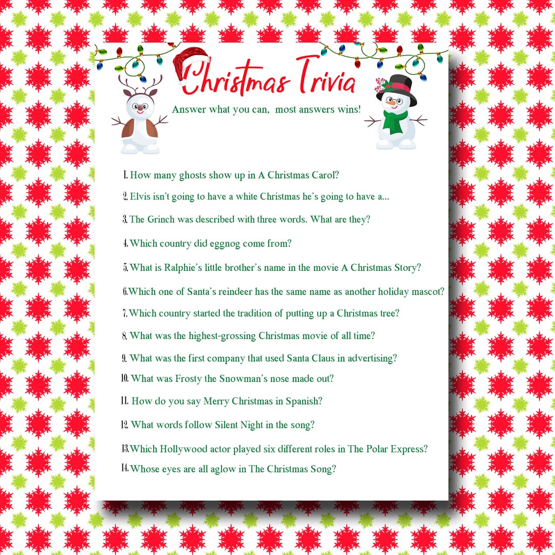 Printable Christmas Trivia Game - Holiday Party Quiz - PDF Christmas ...