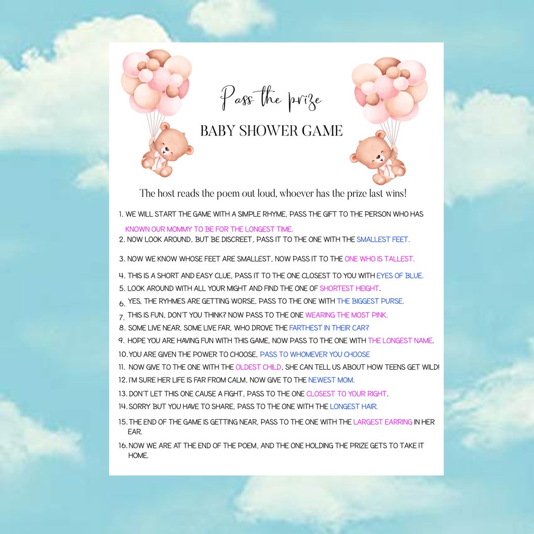 Pass the Prize PRINTABLE Baby Shower Game - Pass the Prize Rhyme Game ...