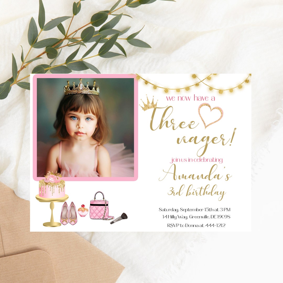 Threenager Photo Birthday Invitation - PRINTABLE Pink Gold Glitter 3rd ...