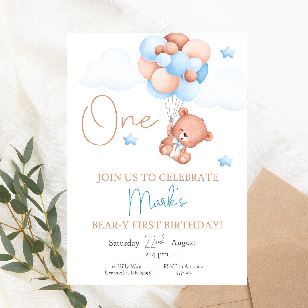 Bear First Birthday Invitation - Bear-y First Birthday - Teddy Bear ...