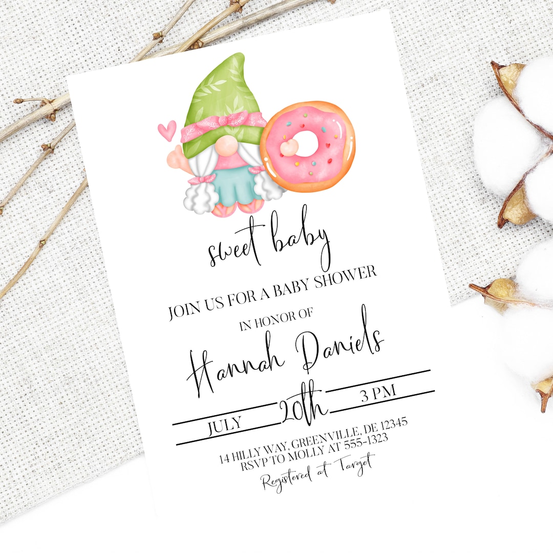 Gnome Baby Shower Invitation – Pink Donut Baby Shower Invite – Cute ...