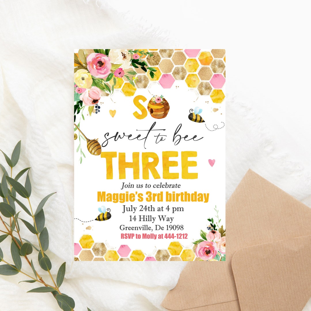 Bee Third Birthday Invitation - Cute Honey Bee Birthday Invitation ...