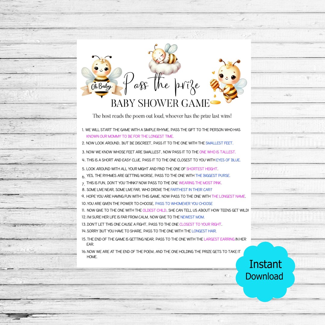 Pass the Prize PRINTABLE Baby Shower Game -honey Bee, Garden Theme Pass ...
