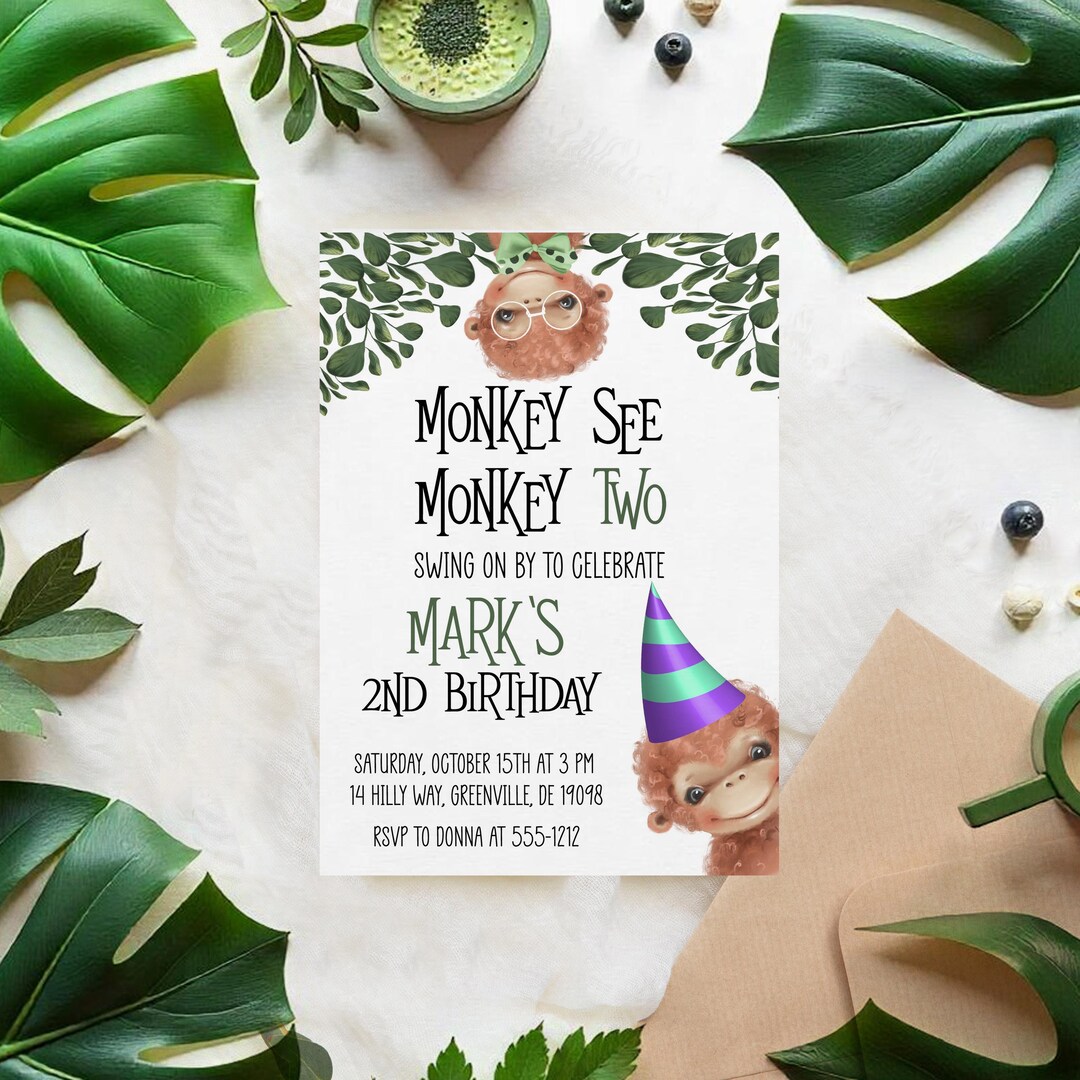 Monkey See Monkey Two Birthday Invitation – Cute Monkey 2nd Birthday ...
