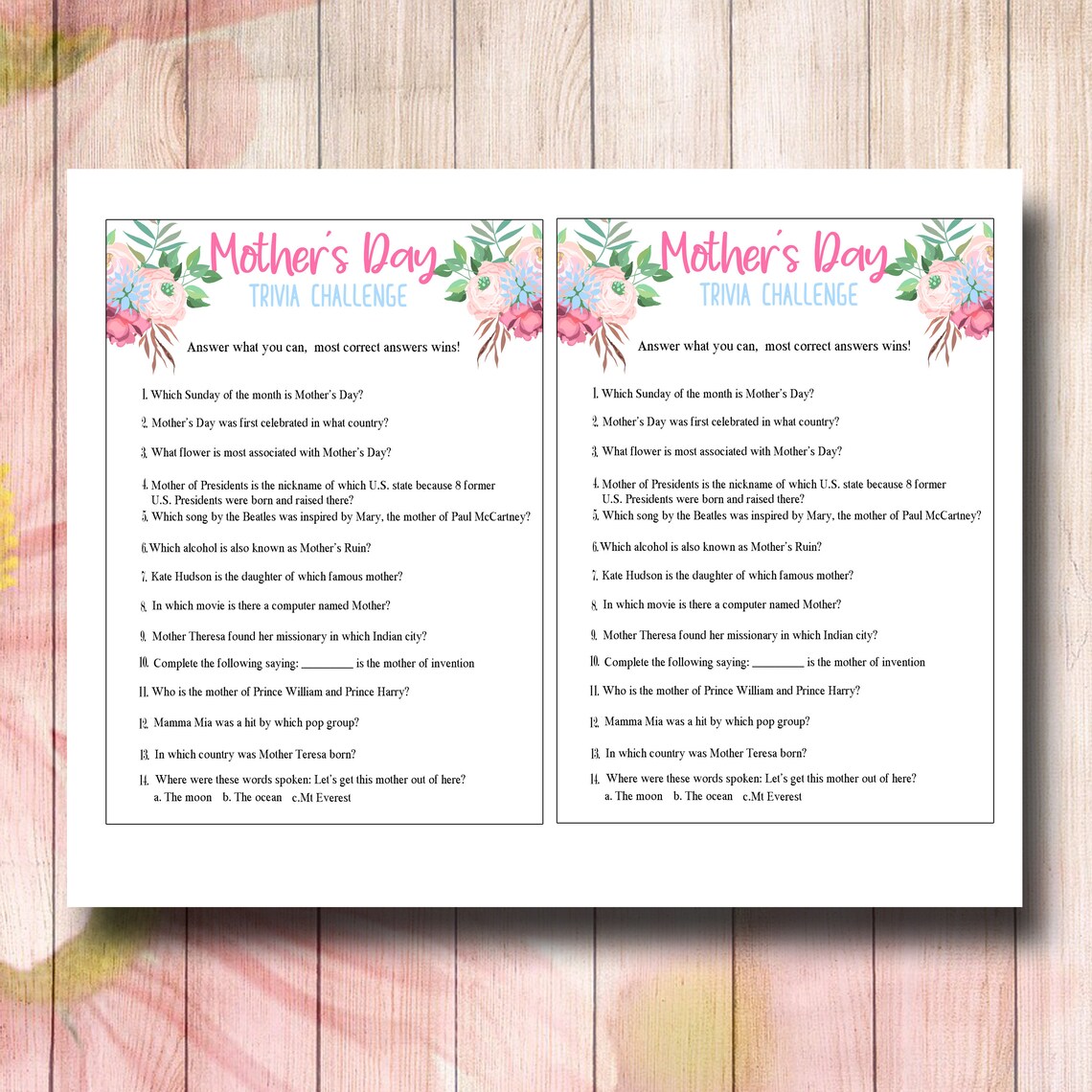 Mother's Day Trivia Game PRINTABLE Mother's Day | Etsy