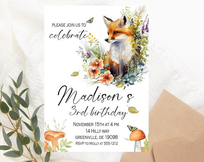Fox Birthday Invitation PRINTABLE Woodland Fox Birthday Invitation ...