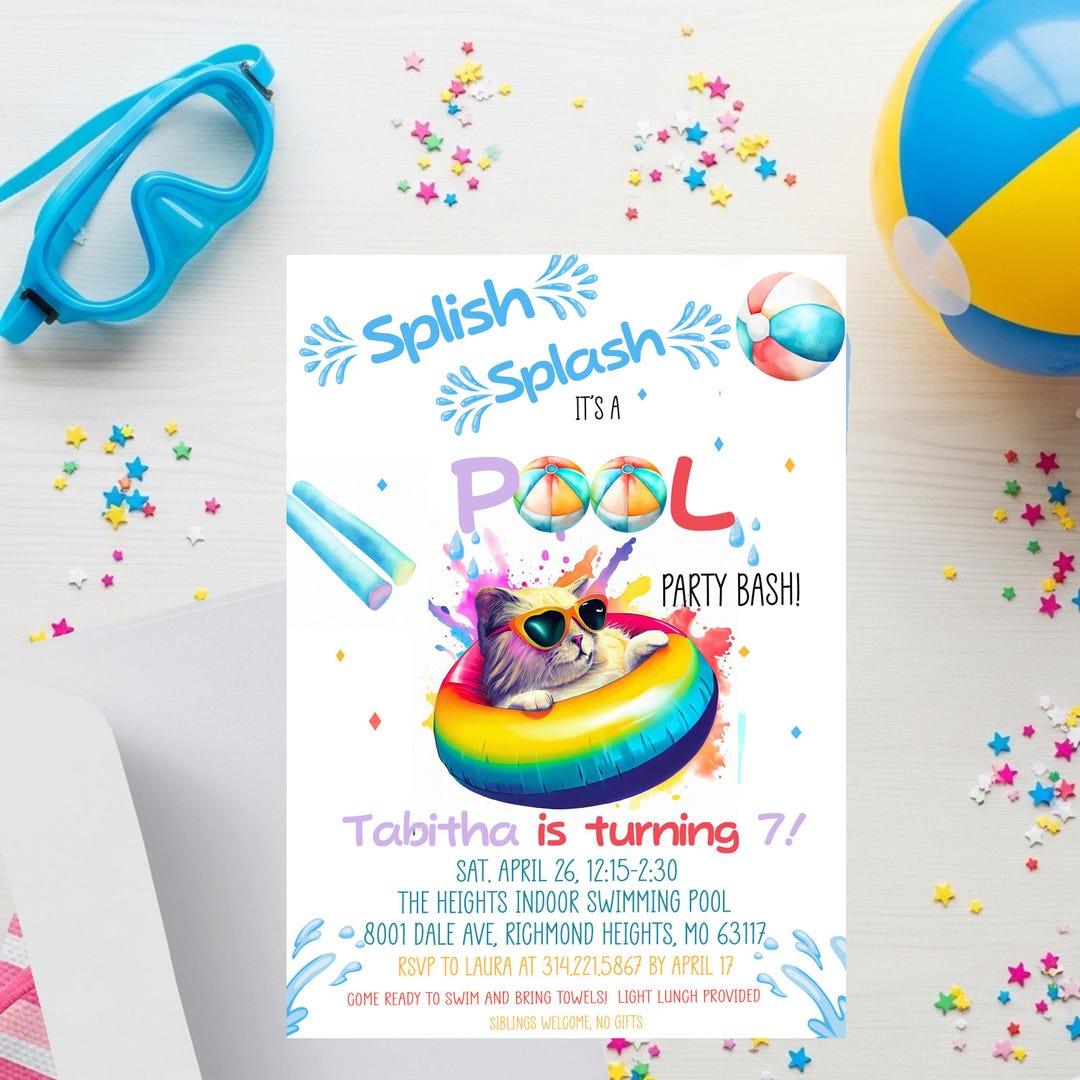 Cat Splish Splash Pool Party Invitation - Funky Cat Birthday Invite ...