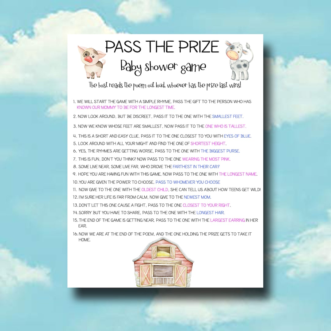 Pass the Prize PRINTABLE Baby Shower Game - Pass the Prize Rhyme Game ...