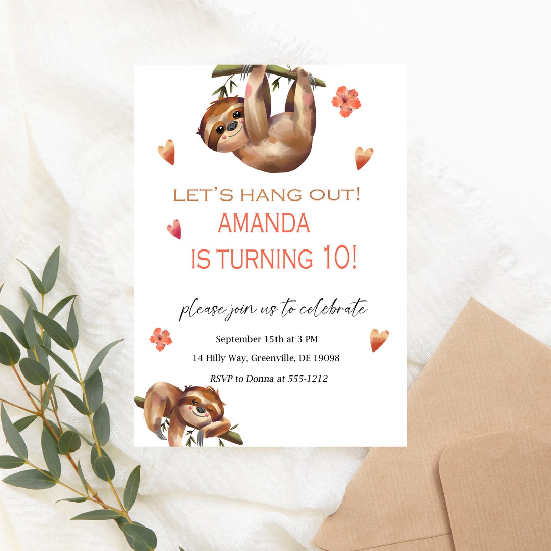Cute Sloth Birthday Invitation - Hanging Sloth Party Invite for Kids ...