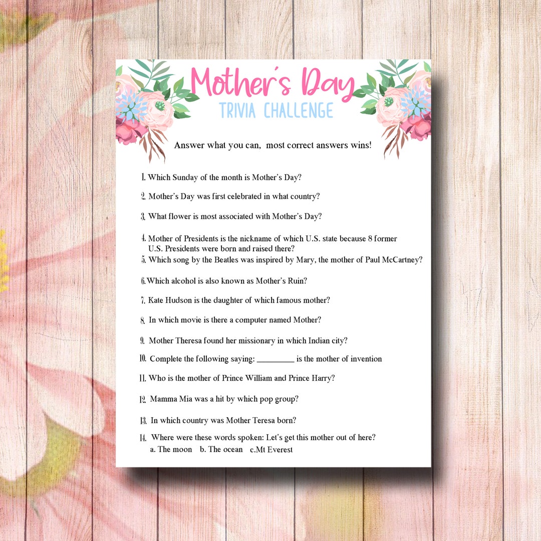Mother's Day Trivia Game - PRINTABLE Mother's Day Trivia Game - INSTANT ...