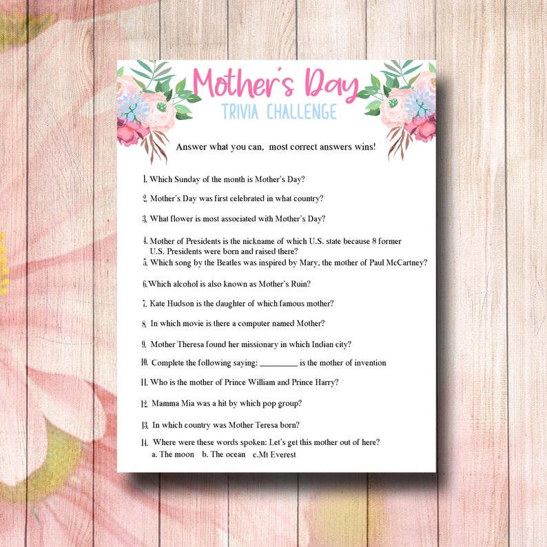 Mother's Day Trivia Game PRINTABLE Mother's Day - Etsy