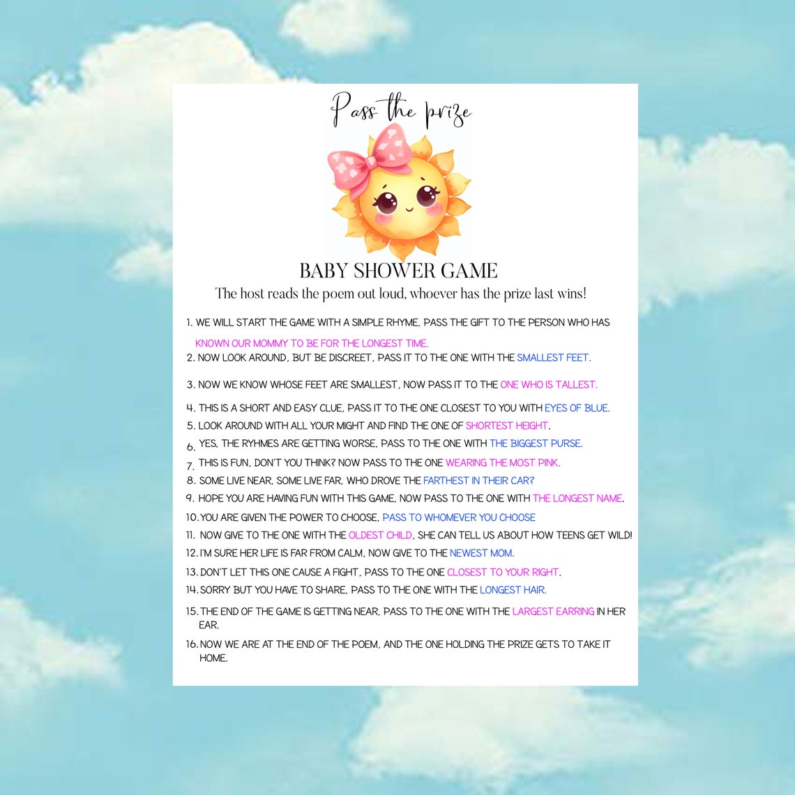 Pass the Prize PRINTABLE Baby Shower Game - Pass the Prize Rhyme Game ...