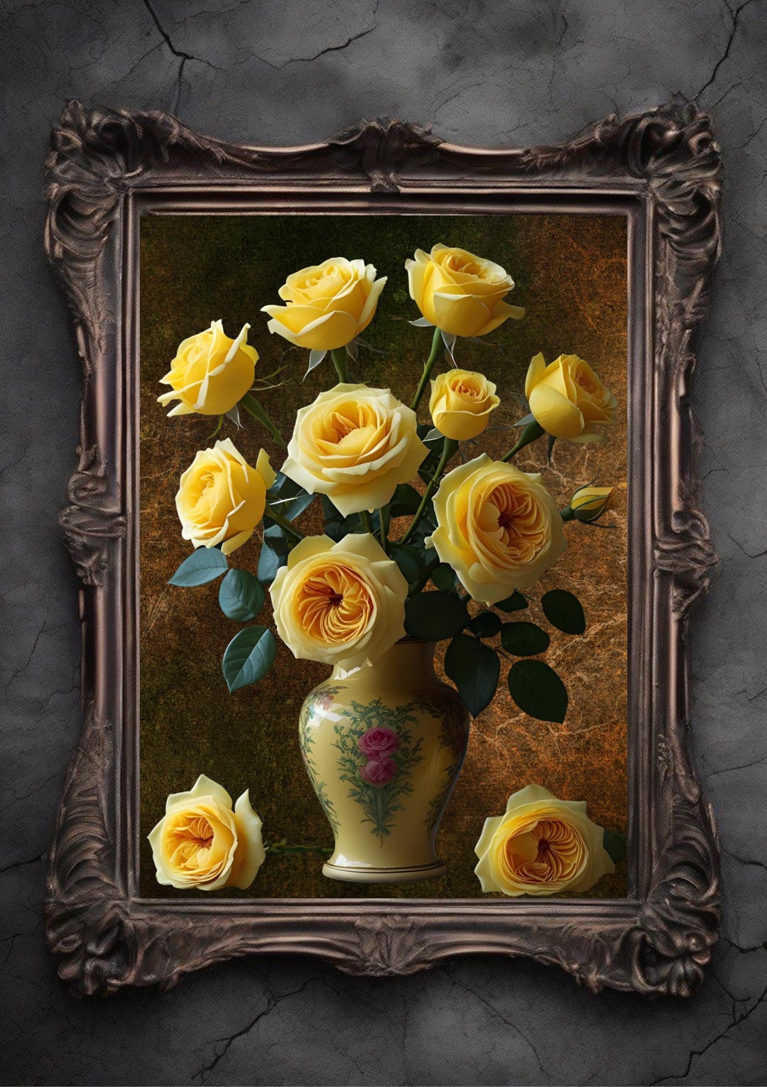 Yellow Roses Vintage Wall Art Print, Yellow Roses Wall Art, Yellow ...