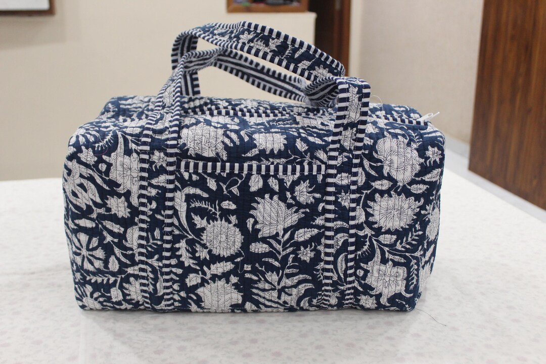 Indigo Floral Quilted Duffle Set | Handmade Cotton Bags Travel Bag - Etsy