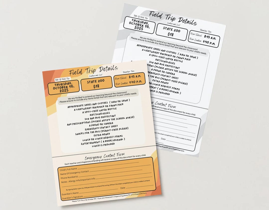 Field Trip Form Packet: Printable Permission Slip, Chaperone Sheet ...
