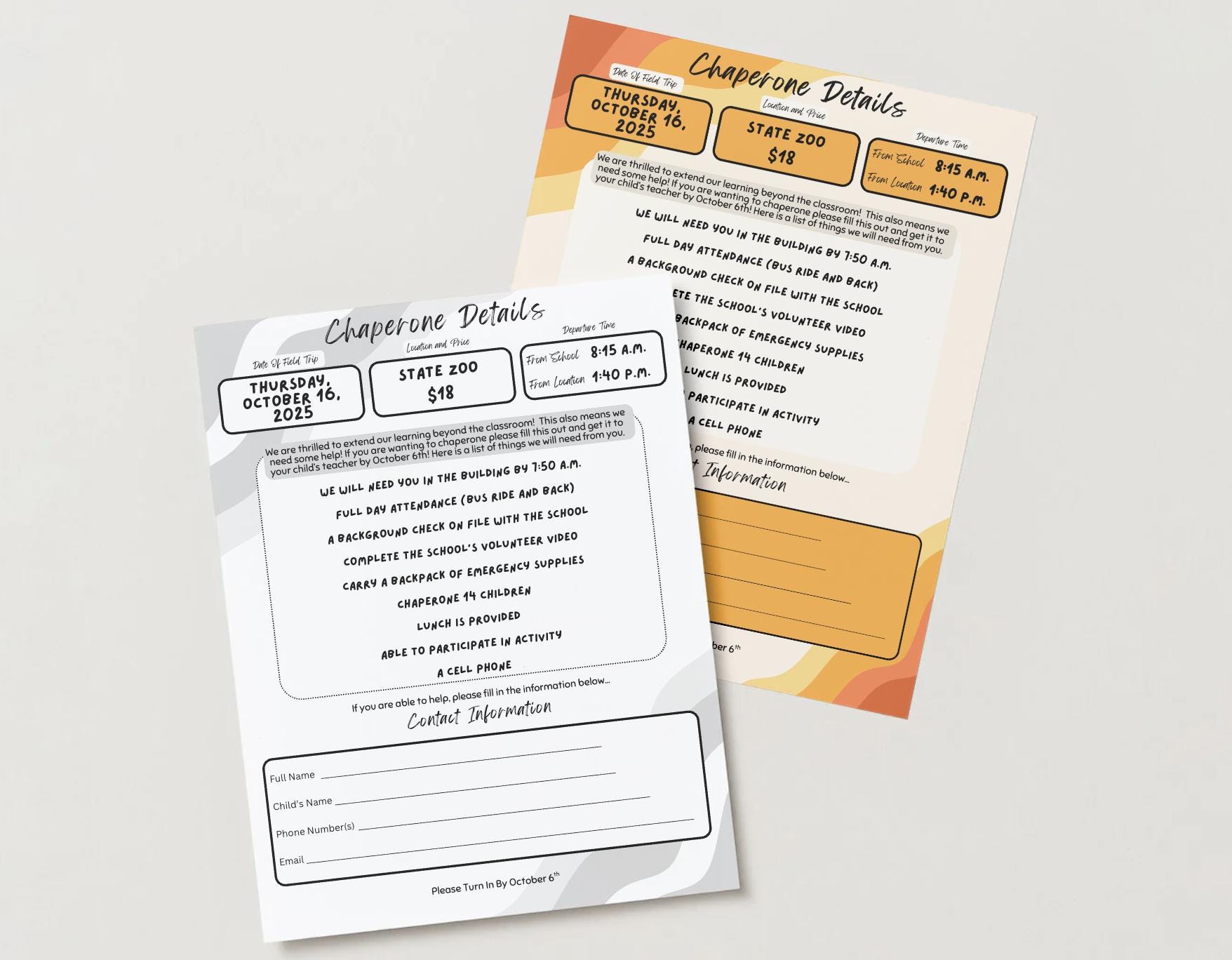 Field Trip Form Packet: Printable Permission Slip, Chaperone Sheet ...