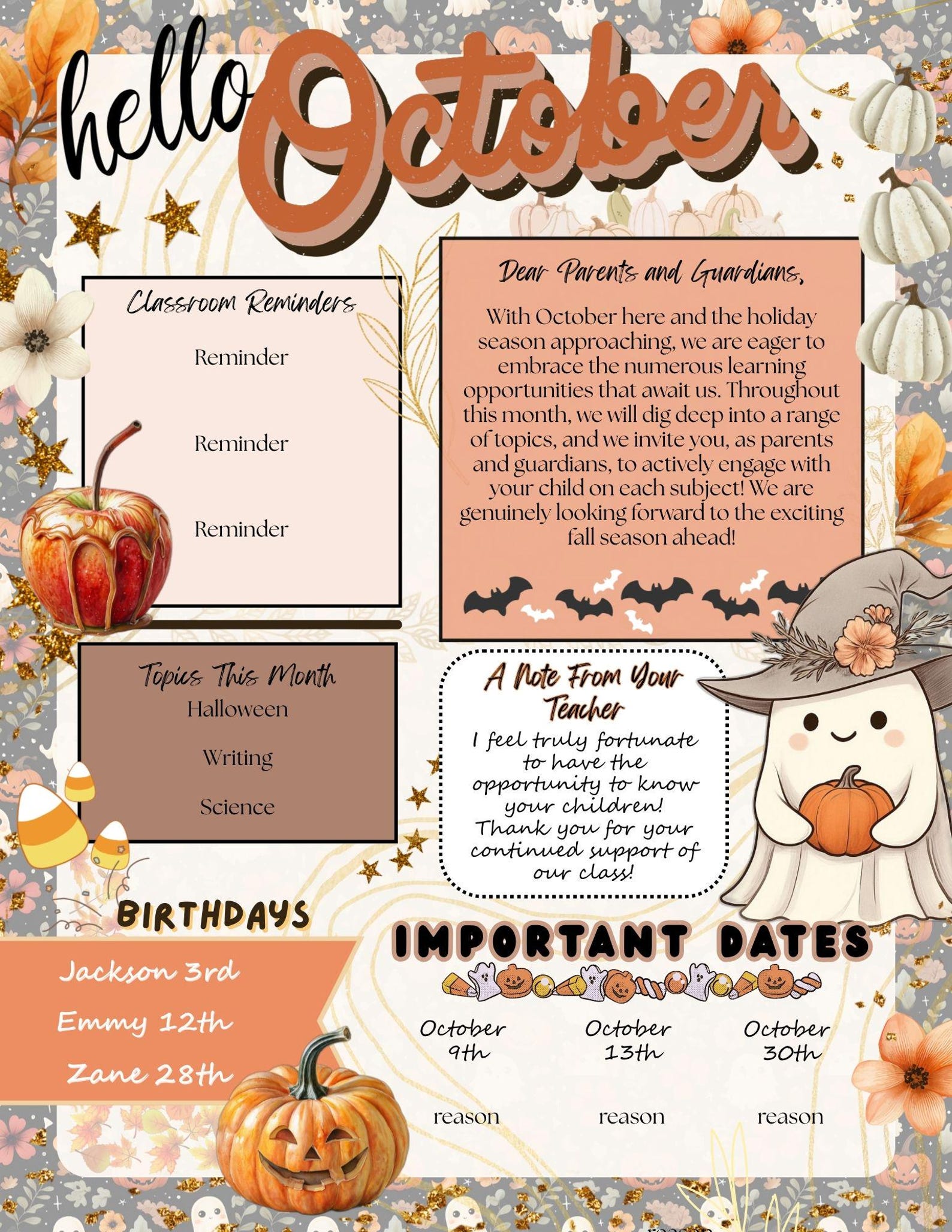 October Halloween Newsletter Template: Editable Canva Classroom ...