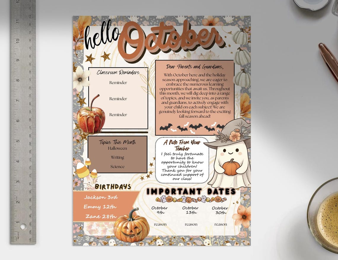 October Halloween Newsletter Template: Editable Canva Classroom ...