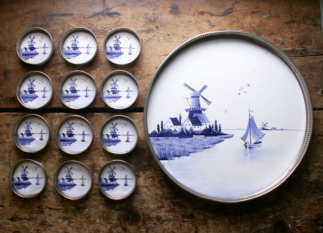 Large Vintage Delft Germany Blue Ceramic Serving Tray With Twelve Drink ...