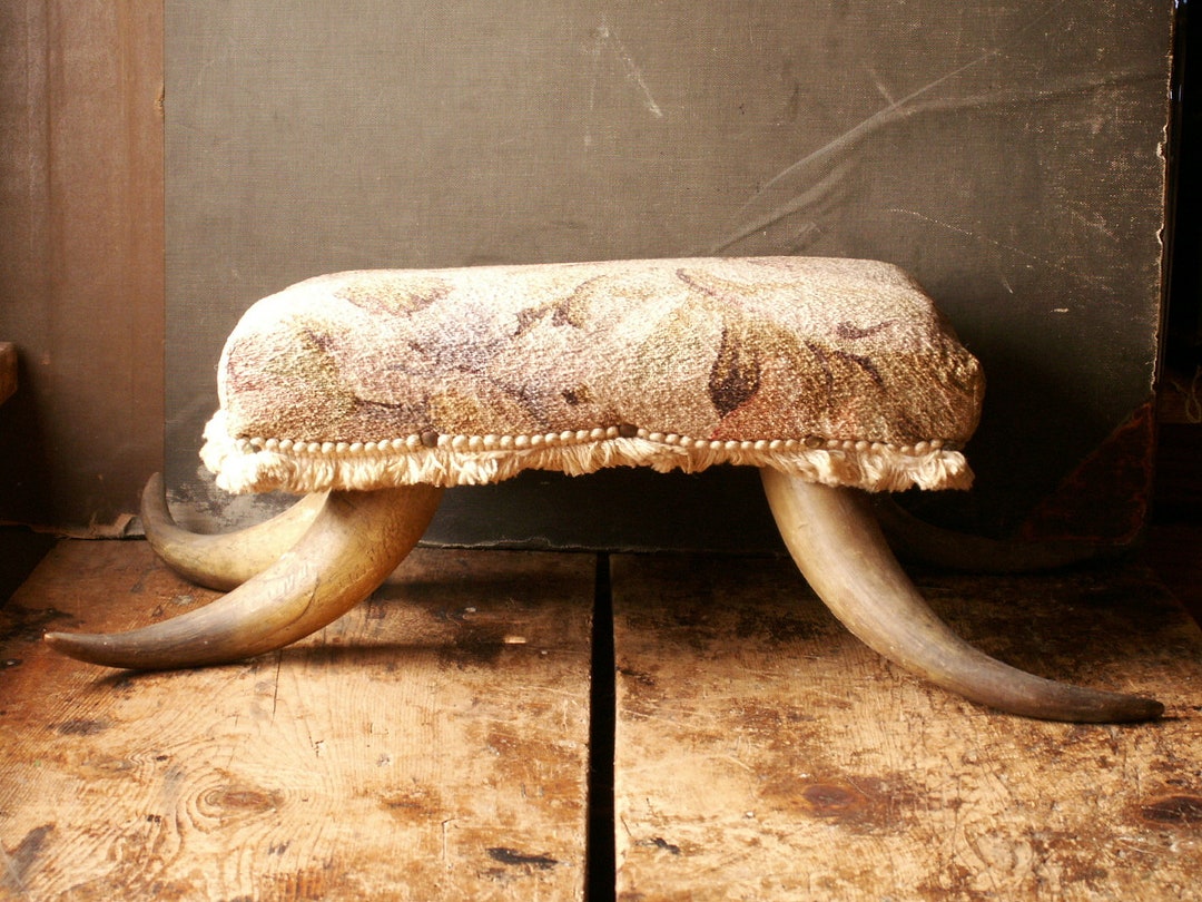 Vintage Hand Made Bark Cloth Foot Stool With Real Horn Legs - Funky ...