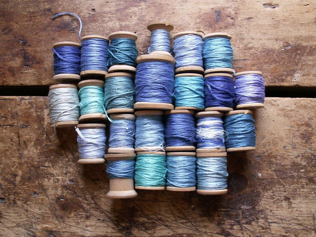 Vintage Spools of Embroidery Floss on Vintage Wood Spools - Blues and ...