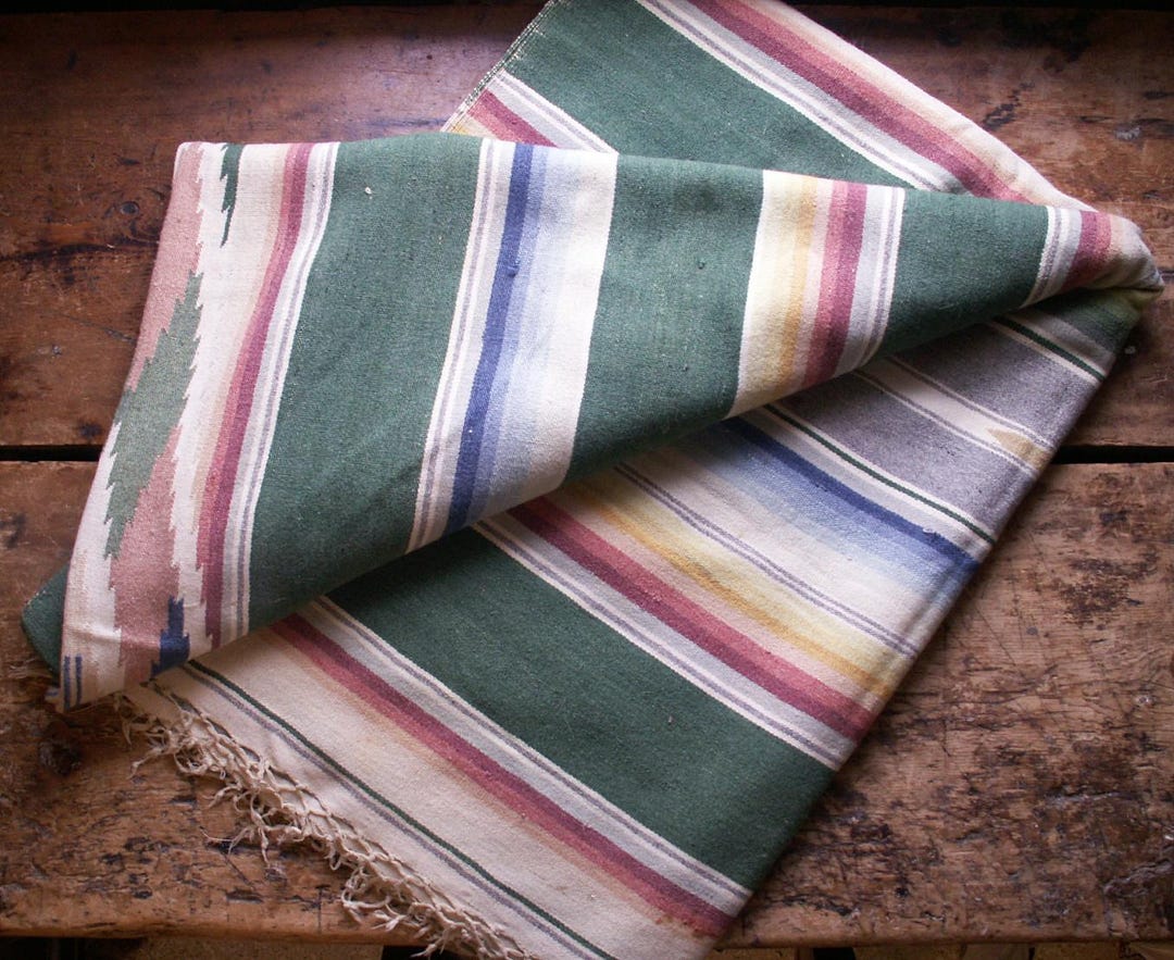 Antique Mexican Saltillo Blanket - Green Wool Serape With Fringed Trim ...