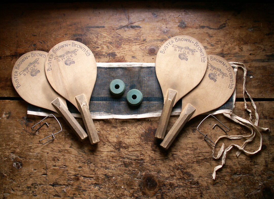 Vintage Milton Bradley Table Tennis Game Set With Buster Brown Paddles ...