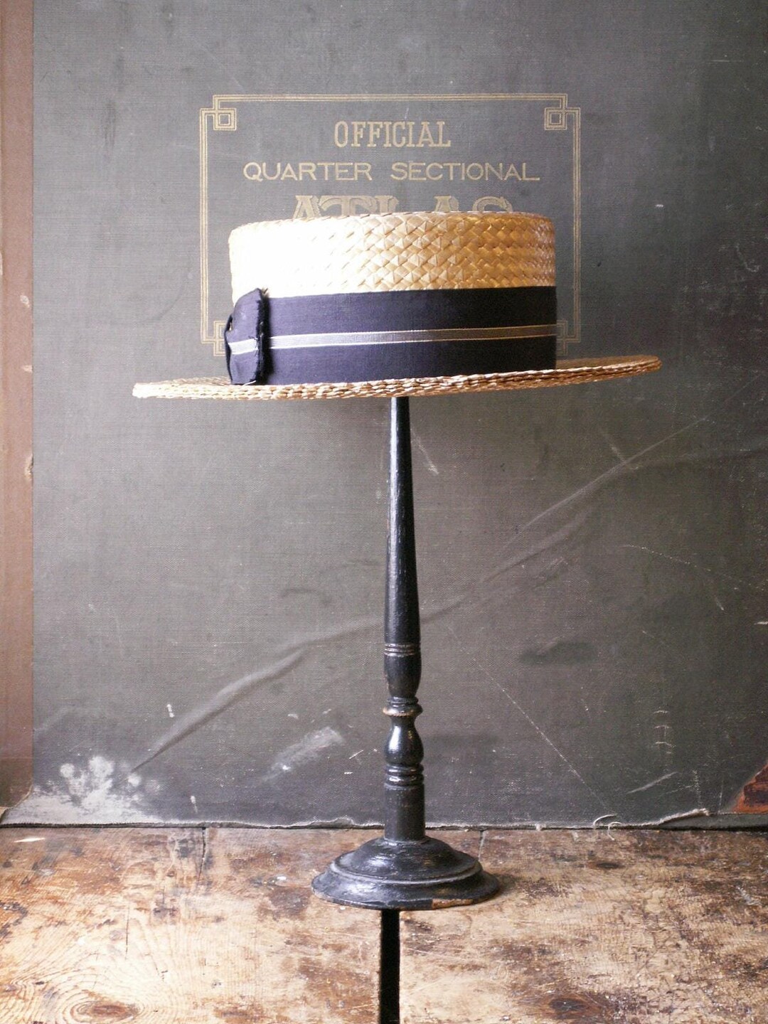 Vintage Men's Straw Boater Hat With Black & Gray Striped Grosgrain ...