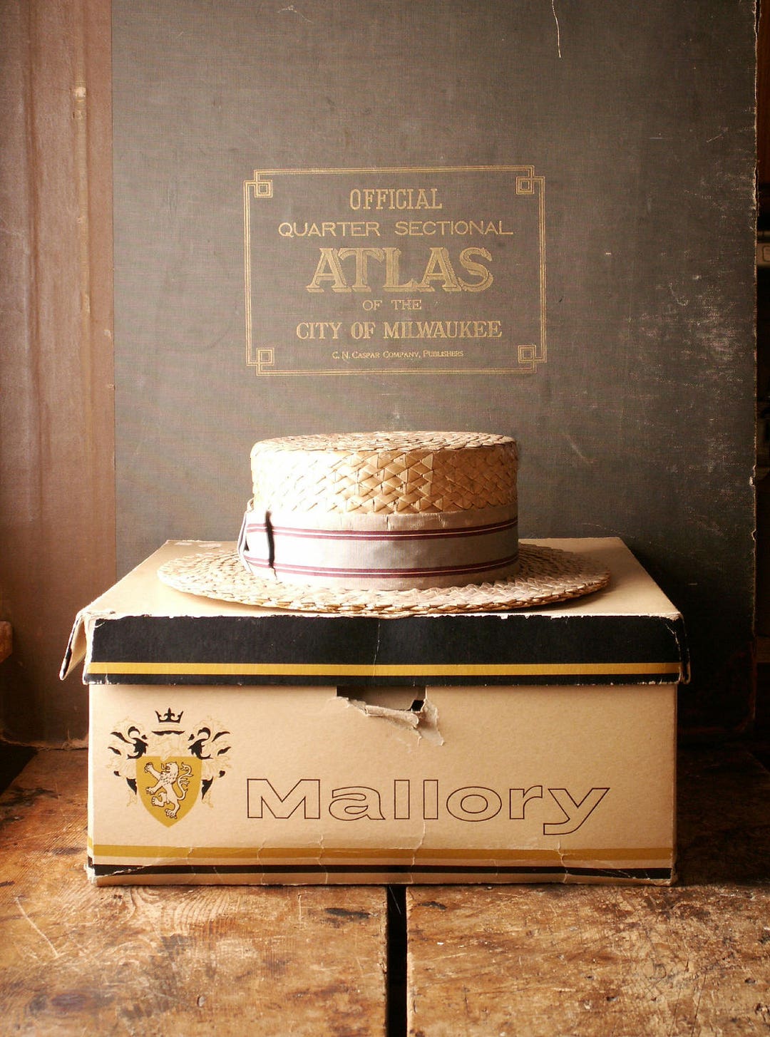 Vintage Mallory Hat Box - Tan With Black and Gold Stripes and Crest - Etsy