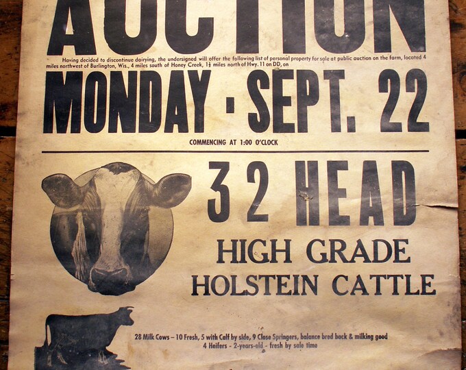 Large Vintage Cattle Auction Poster - Etsy
