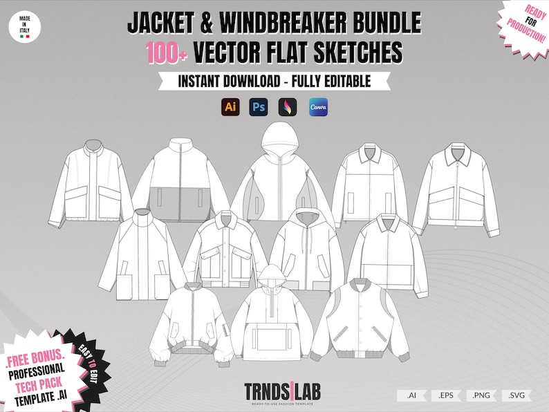 Windbreaker Mockups & Fashion Jacket Vector Bundle | Tech Pack Template ...