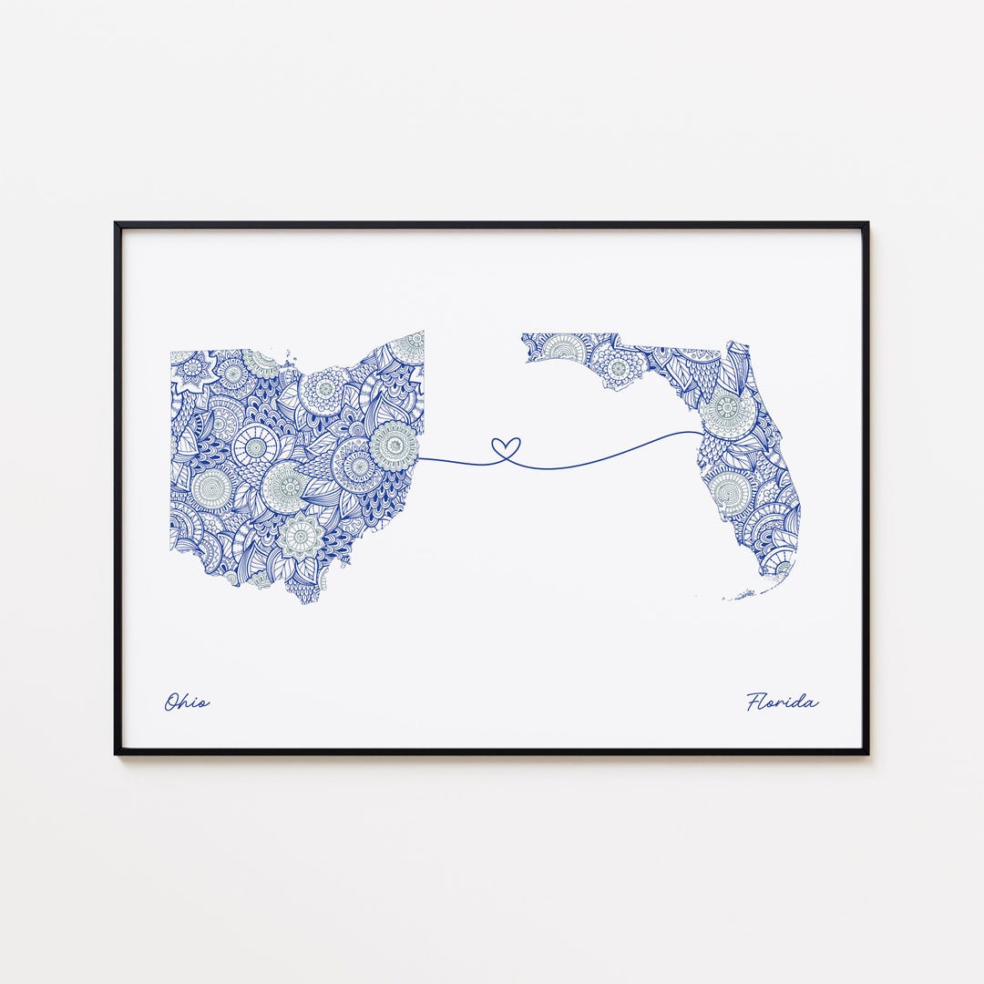 Ohio Florida Map Print, State Heart Map, Dual Citizenship Gift - Etsy