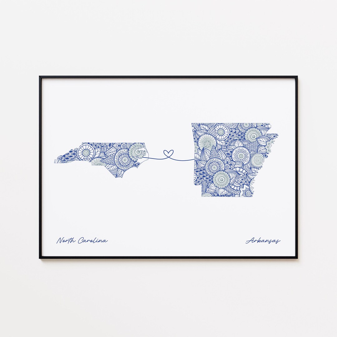 North Carolina Arkansas Map Print, States Connection Art, Friendship ...