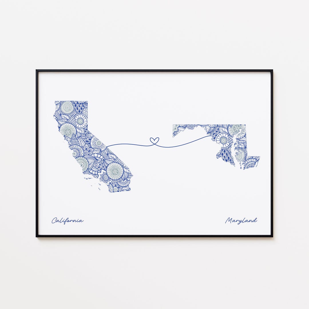 California Maryland Map Print, Two States Friendship Art, Long Distance ...