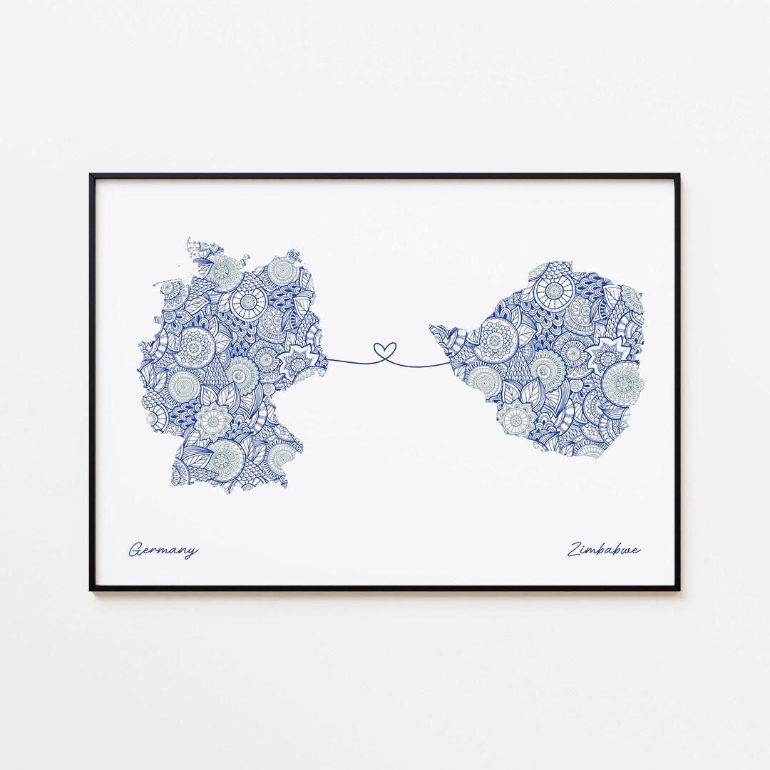Germany Zimbabwe Map Print, Country Connection Map, Long Distance Gift ...